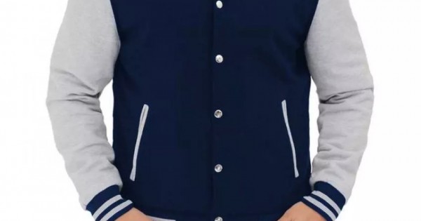 Men's Baseball Style Grey and Blue Varsity Jacket