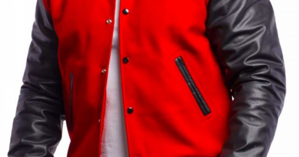 Men's Varsity Black Leather and Wool Red Jacket