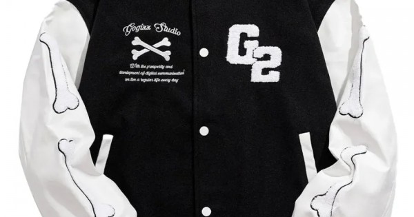 G2 Black Skeleton Print Varsity Jacket